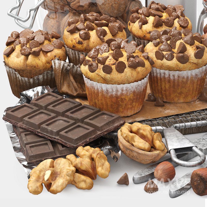 chocolate muffins and nuts set 3d model Download Maxve