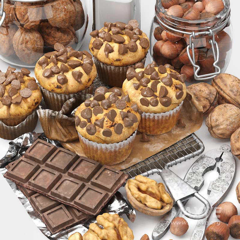 chocolate muffins and nuts set 3d model Download Maxve